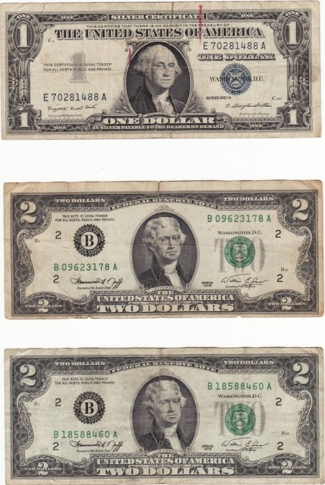Bancnota Straine - 3 Bancnote vechi SUA :1 Dolar 1957, 2 x 2 Dolari ...